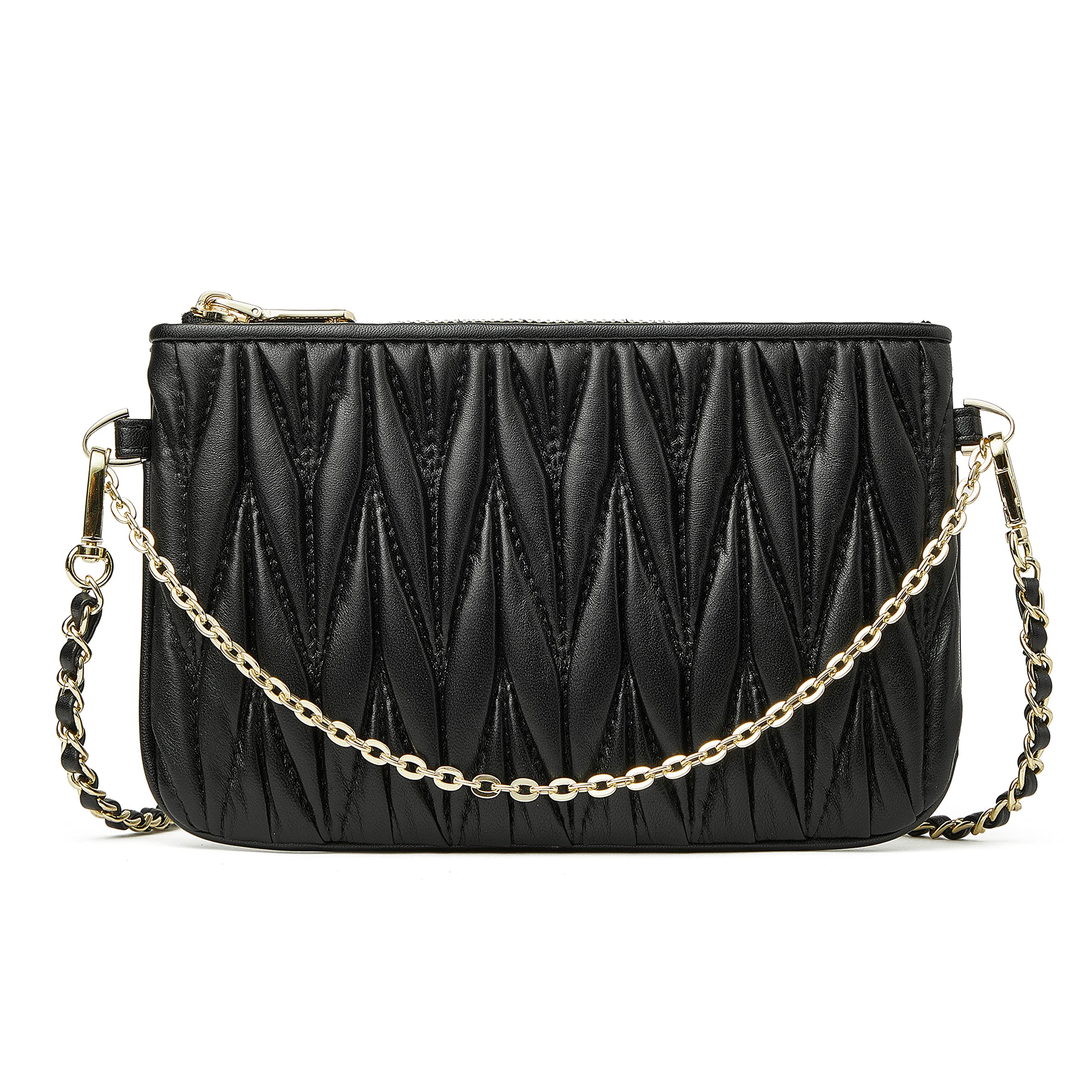 DORIS&JACKY Leather Quilted Clutch Bags For Women Small Multifunctional Shoulder Purse With Lots Card Slots(1-Black)