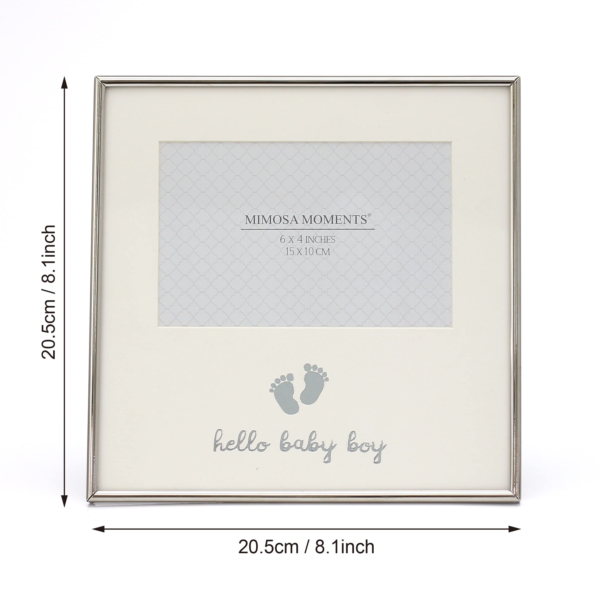 MIMOSA MOMENTS Metal 8''x 8'' Silver-tone with Silver Foil Baby Footprint Photo Frame, The Boys Picture Frame Matted 6''x4''Photo Display (4x6 horizontal, Silver-tone)