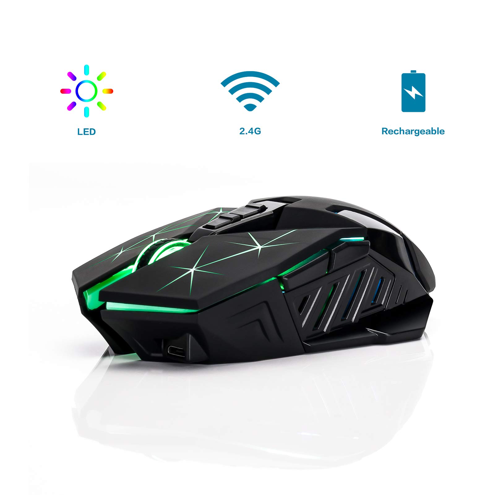 CHONCHOW Wireless USB Mouse Rechargeable 2.4G Rainbow LED Backlit 7 Button Multi DPI Nano Receiver for PC Laptop TV Compatible with Window PS 4 5 Switch Xbox one