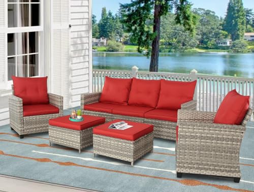 HTTH Patio Furniture Sets PE Rattan Wicker Outdoor Conversation Set Patio Sectional Sets Patio Sofa Couch Set with 2 Ottomans for Porch, Balcony, Lawn (Gray-Red)