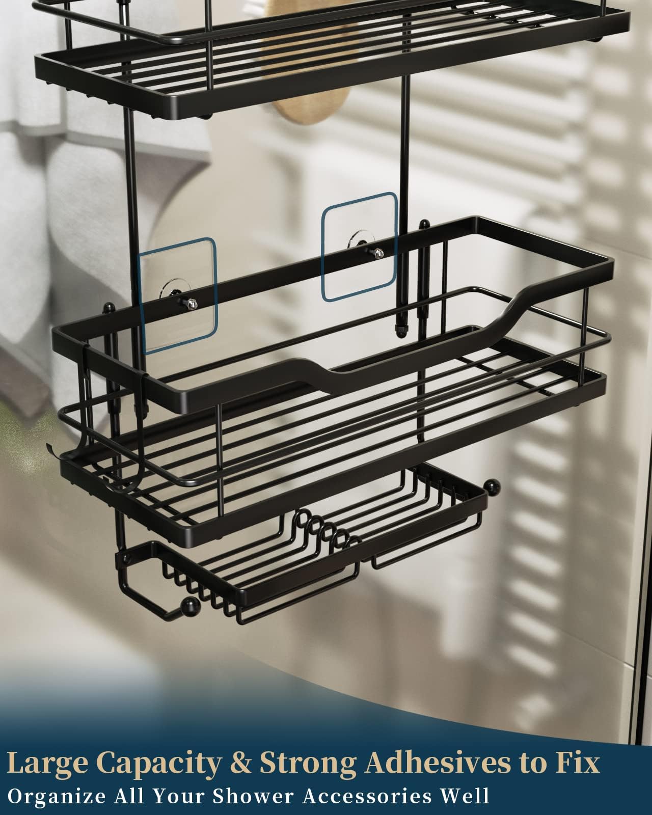Consumest 3-Tier Hanging Shower Caddy Over the Door, Large Capacity Hanging Shower Organizer With 2 Soap Holder & 8 Hooks Rustproof Easy Installation Over Door Shower Shelf for Bathroom, Black