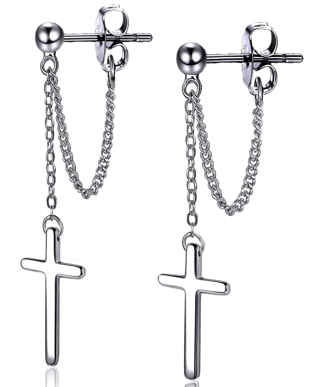 Cross Earrings Dangle Drop Chain Earring for Women Punk Goth Ball Dangling Chain Stud Earrings Silver