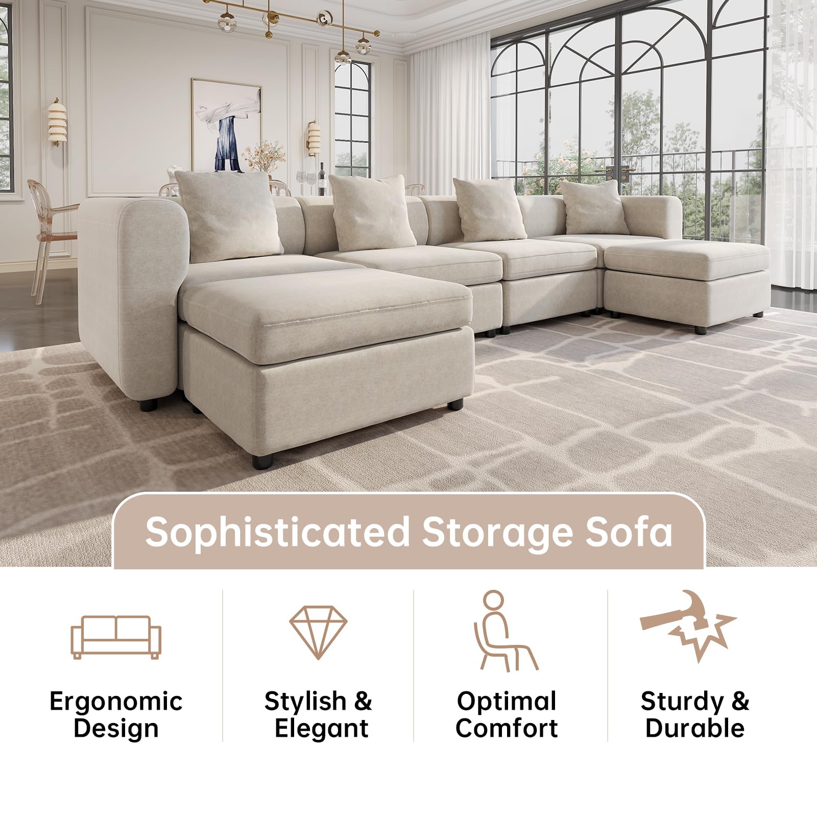 Guyii Velvet Sectional Sofa, Modern Oversized 9-Seater Sofa with 5 Pillows and Storage Footstool, Convertible Sofa with Cushions, U-Shaped Sofa for Living Room, Apartment, Home (9 Seat Sofa)