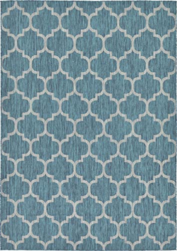 Unique Loom Outdoor Trellis Collection Area Rug (7' 1" x 10' Rectangle, Teal/ Gray)