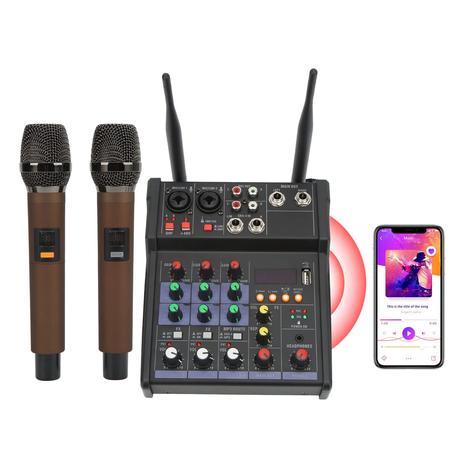 CUEI 4 Channel Audio Mixer, Professional USB Bluetooth MP3 Sound Board Console System with 2 Wireless Mics, 16 DSP & Stereo/Mono Adjustment, Portable DJ Mixer for PC Recording, Live Streaming