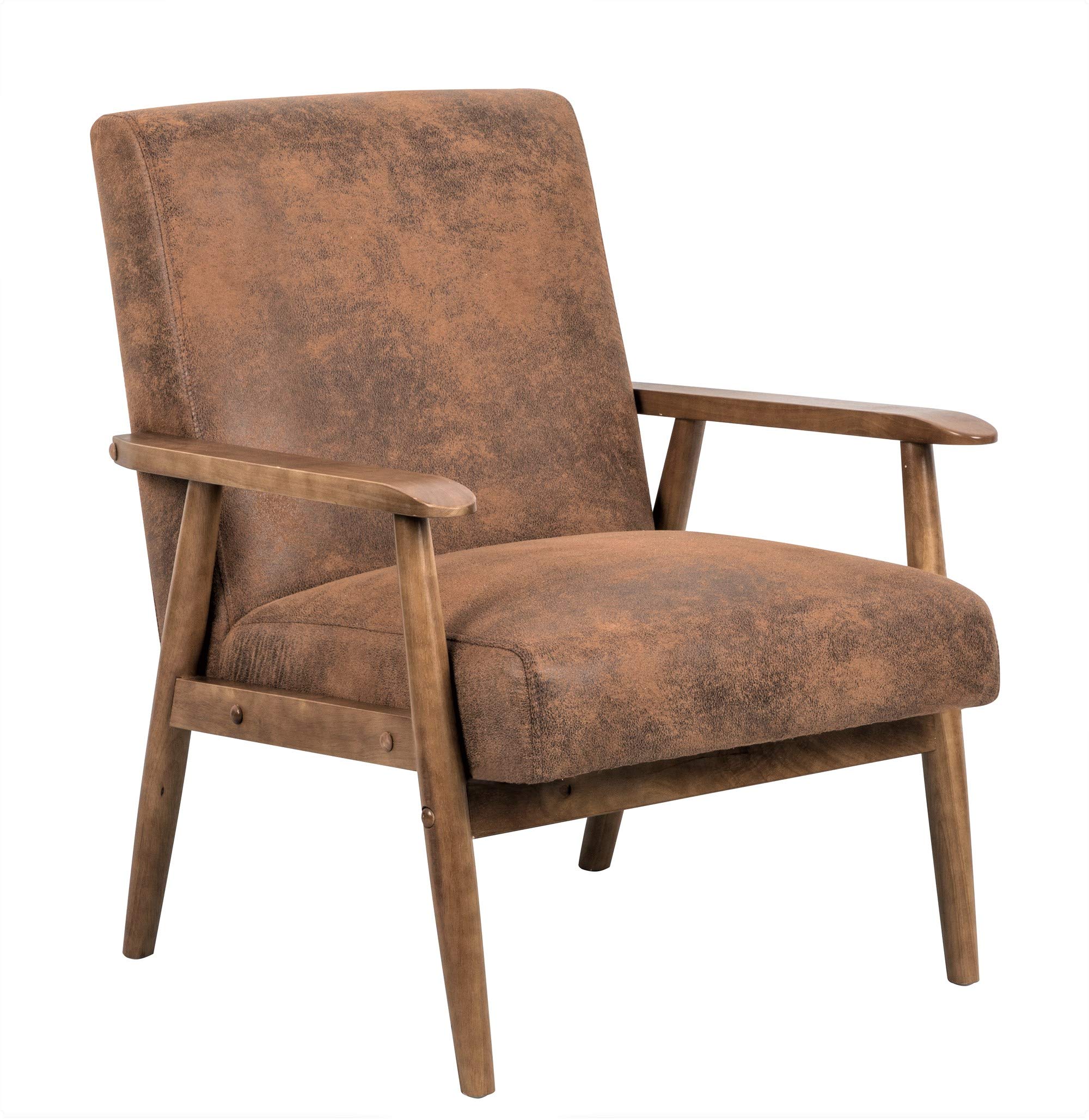 Container Furniture Direct Barlow Modern Vintage Accent Chair, Leather-Look Microfiber Armchair with Open Arm Design, Premium Foam Fill on Solid Wood Frame, 0, Rugged Brown