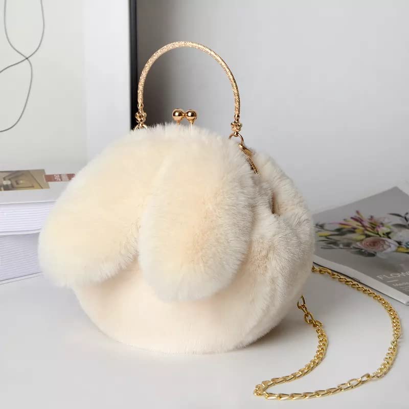 Cute Rabbit Ear Plush Bags for Women, Bunny Ear Chain Crossbody Bags (Beige)