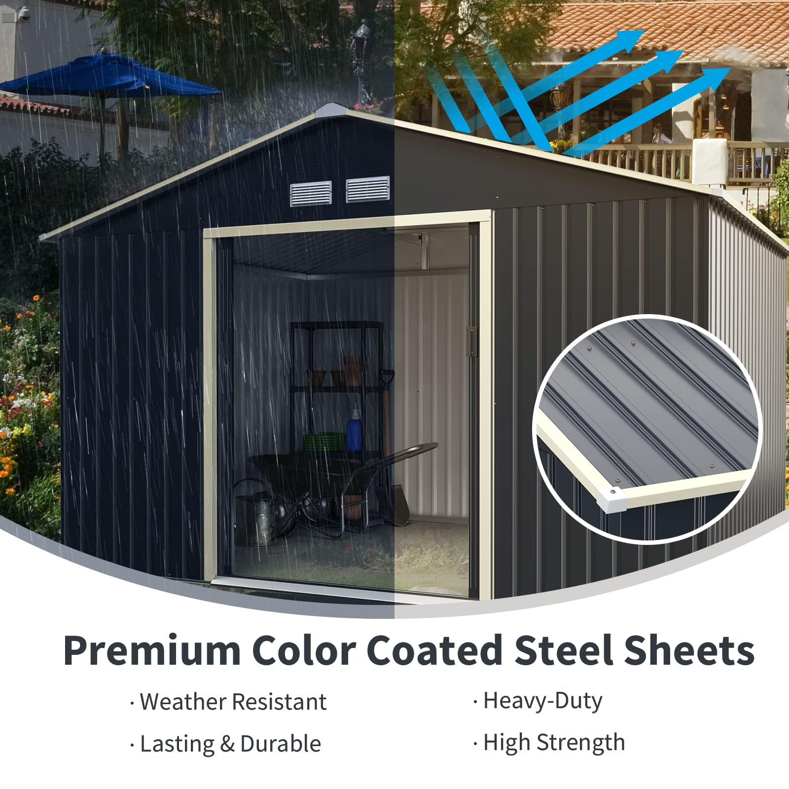 IRONMAX 11x8 FT Outdoor Storage Shed, Galvanized Steel Garden Shed w/Double Sliding Doors & Air Vent for Lawnmower Tool Bike, Heavy Duty Tool Storage House for Backyard Patio Lawn