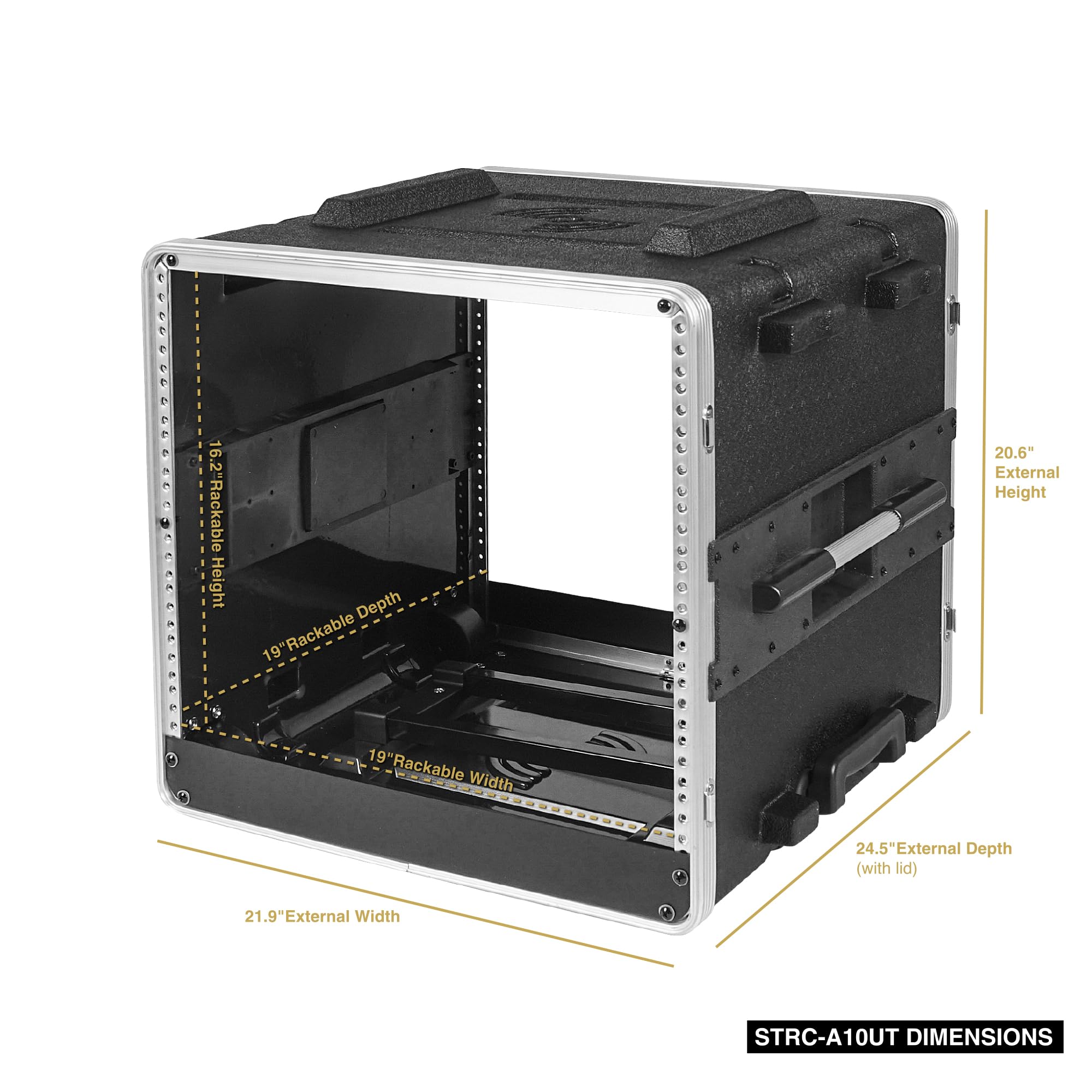 Sound Town Lightweight 10U PA DJ Rack/Road Case with 9U Rack Space, ABS Construction, 19” Depth, Retractable Handle, Wheels and Heavy-Duty Latches (STRC-A10UT)