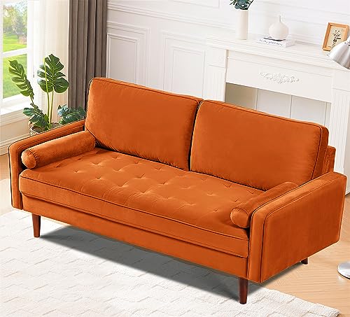 Container Furniture Direct Velvet 58" Loveseat Sofa Couch for Living Room, Classic Mid-Century Style with Modern Silhouette, Button Tufting and Wood Legs, Includes 2 Bolster Pillows, Orange