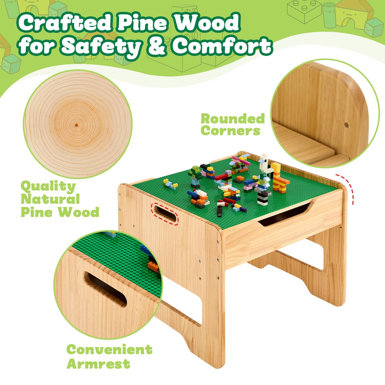 FUNLIO Height Adjustable Wooden Activity Table for Kids Ages 3+, Solid Wood Kids Play Table with 450pcs Building Blocks & Large Storage, 2-in-1 Toddler Table for Play/Learnig, CPC & CE Certified