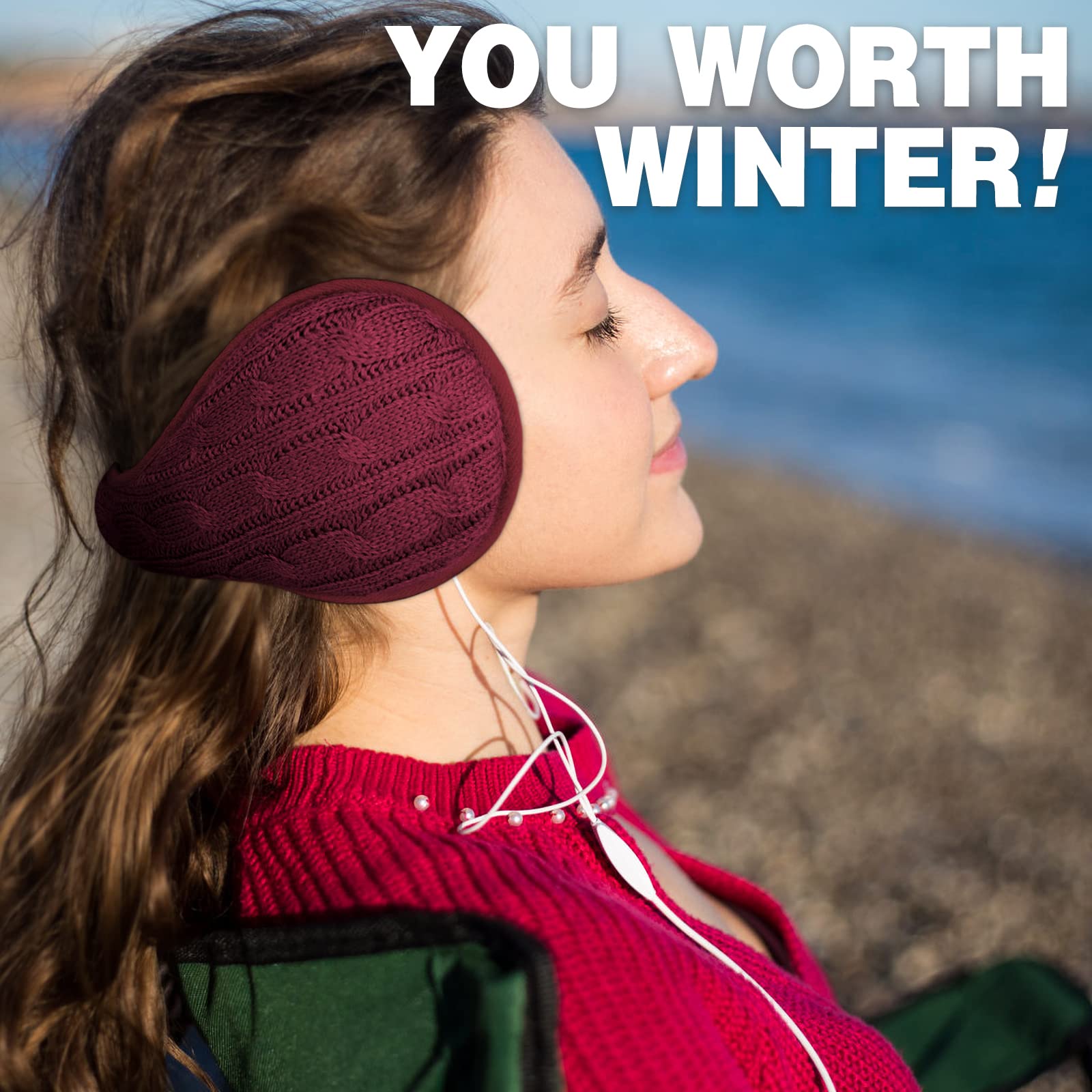 CUIMEI Knit Ear Muffs for Winter Women Men, Fleece Ear Warmer for Cold Weather, Behind the Head Adjustable Earmuffs
