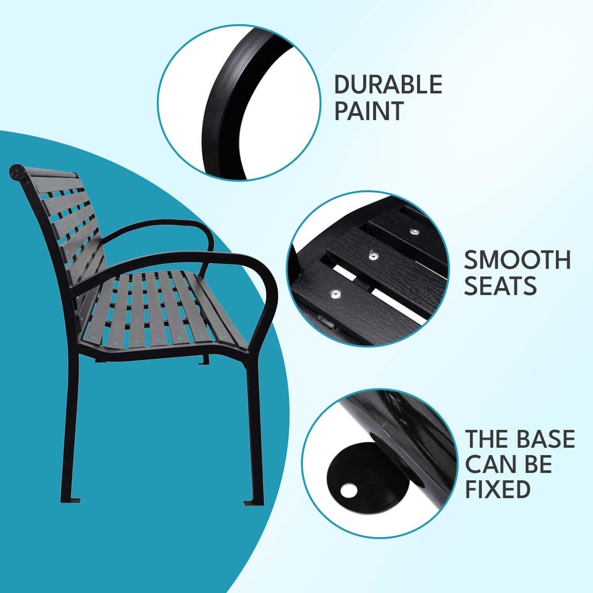 FunMay Patio Bench, Black Steel and WPC, Durable Outdoor Seating