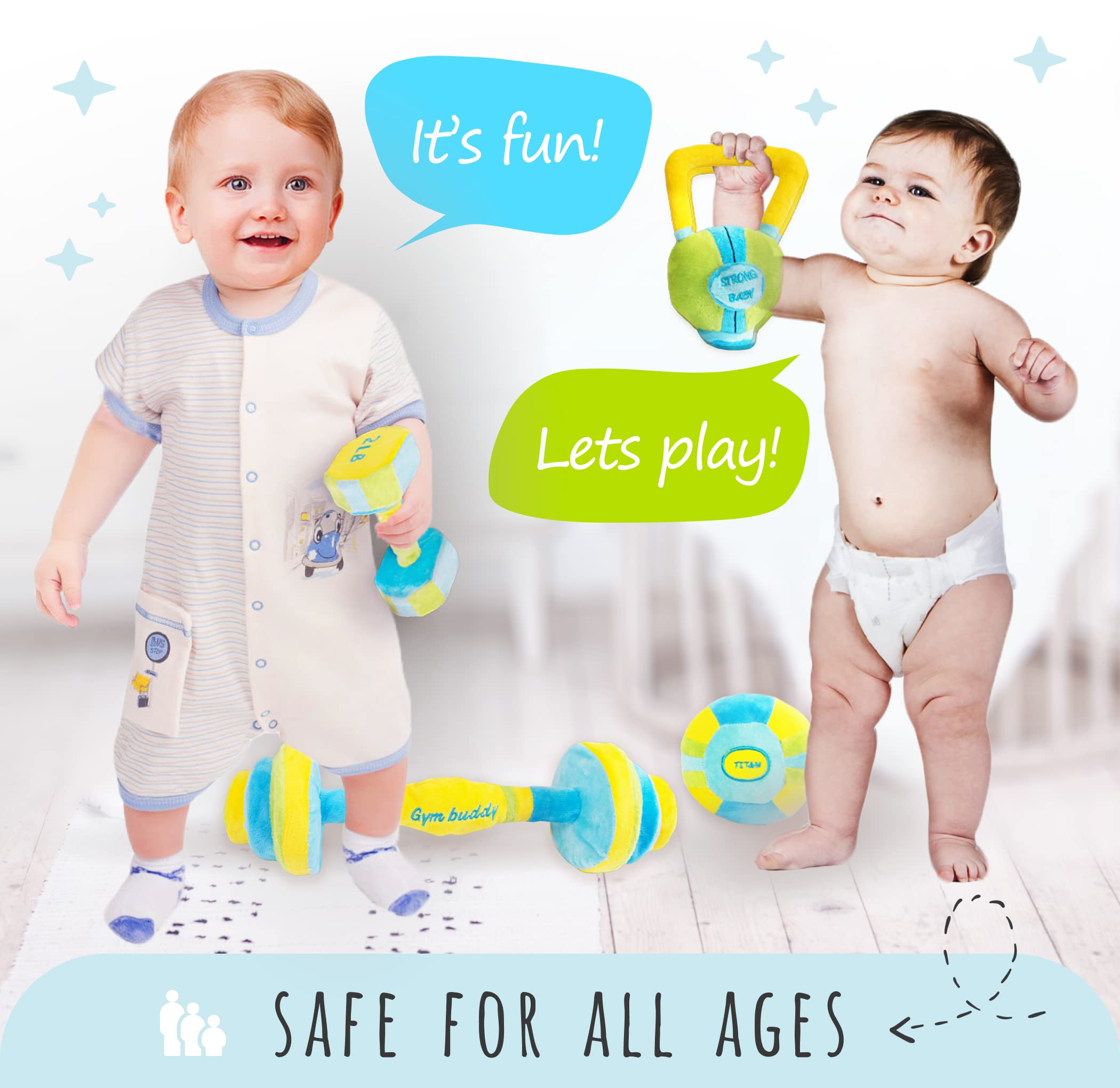 Skywin Baby Workout Toys Fit Training - Baby Shower Set of 4 Soft, Durable and Safe Plush Baby Rattle Toys for Ages 0+