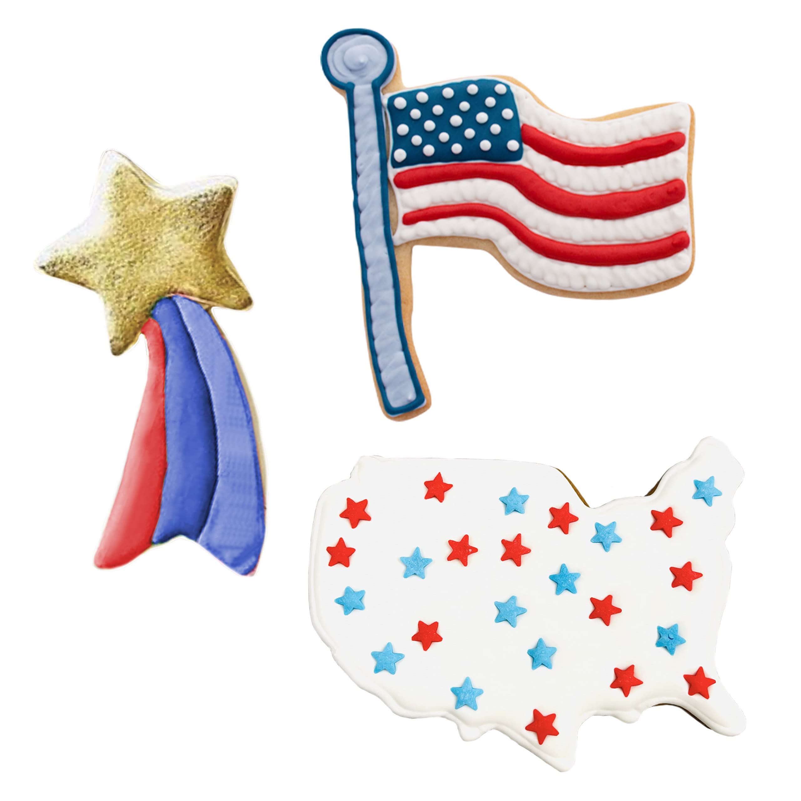Fourth of July Cookie Cutter 3-Pc Set Made in USA by Ann Clark, Flag, Shooting Star, USA Map