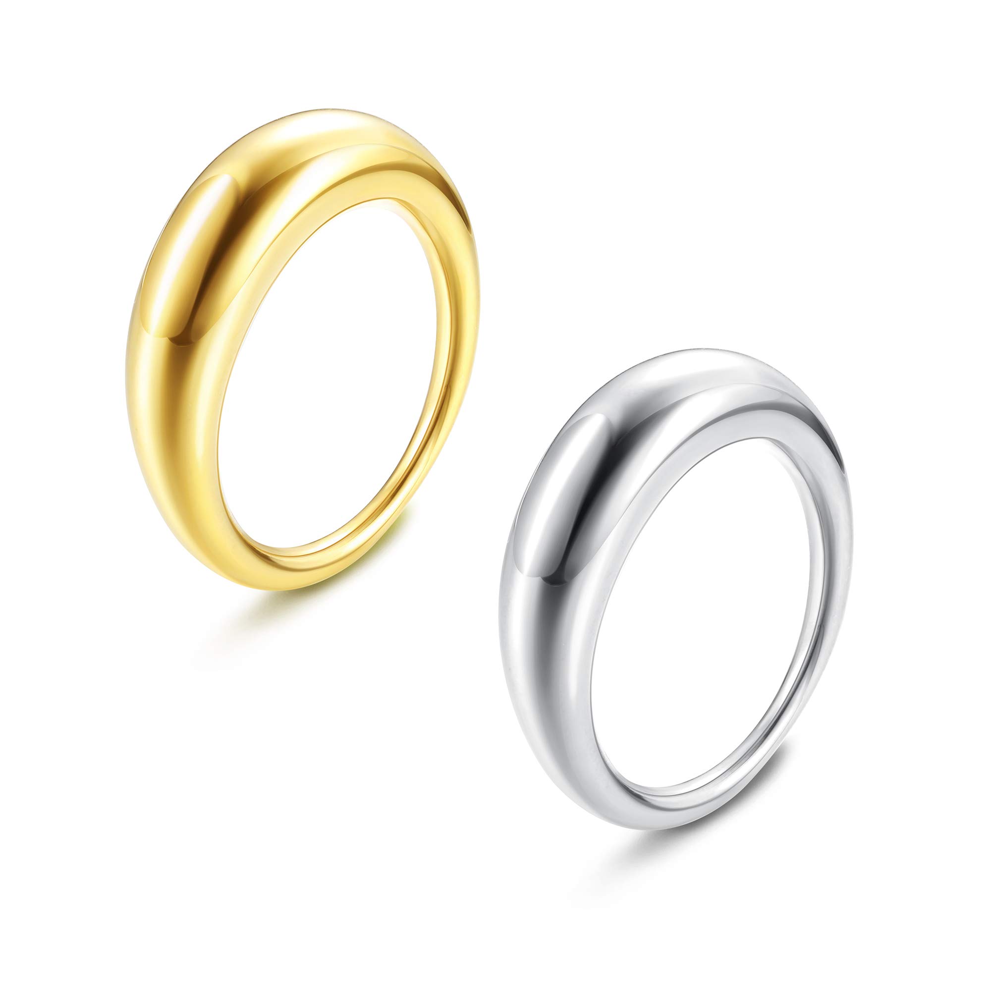 CASSIECA 2 Pcs 18K Gold Silver Plated Thick Chunky Dome Rings Statement Rings Set for Women (5-9 Size)