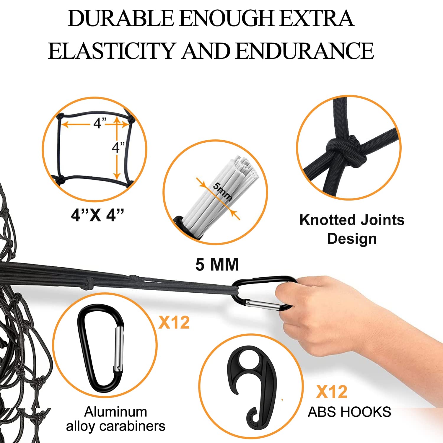 Cargo Net for Pickup Truck Bed - 4 x 6 Foot, Heavy-Duty, Mesh Square Bungee Netting with 12 Black Clips and Storage Bag - Holds Small and Large Loads (3'x4')