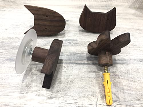 Tsnamay 4 Pack Animal Wood Wall Hooks, Black Walnut Unfinished Solid Wood Coat Hooks Wall Mounted for Hanging Bathroom Towels Clothes Hanger,Pattern Rabbit Cat Dog Fox