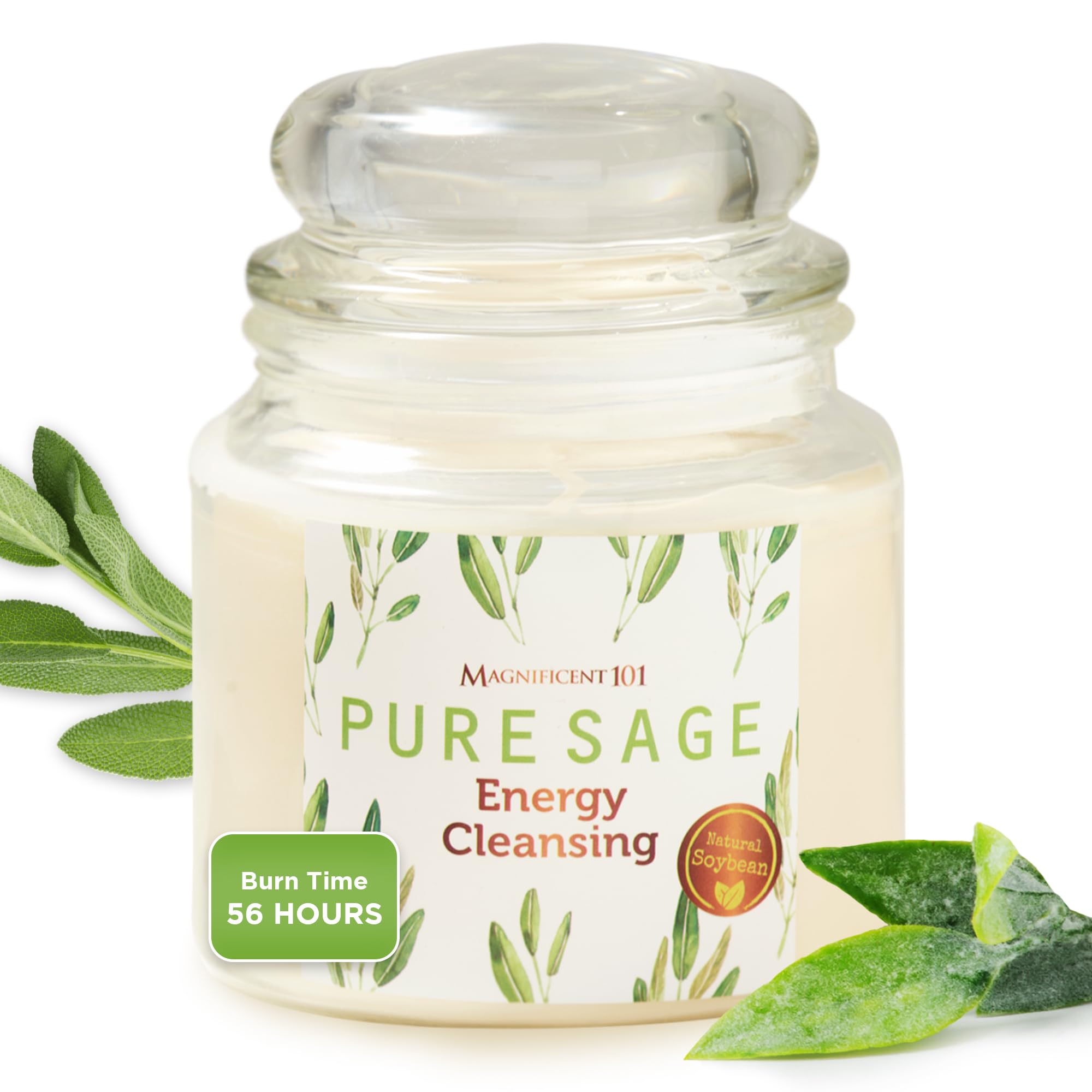 Magnificent 101 Pure Sage Aromatherapy Candles – 14 Oz - 56 Hour Burn| Soy Wax Glass Candle for Energy Cleansing, Purification, Manifestation, & Chakra Healing