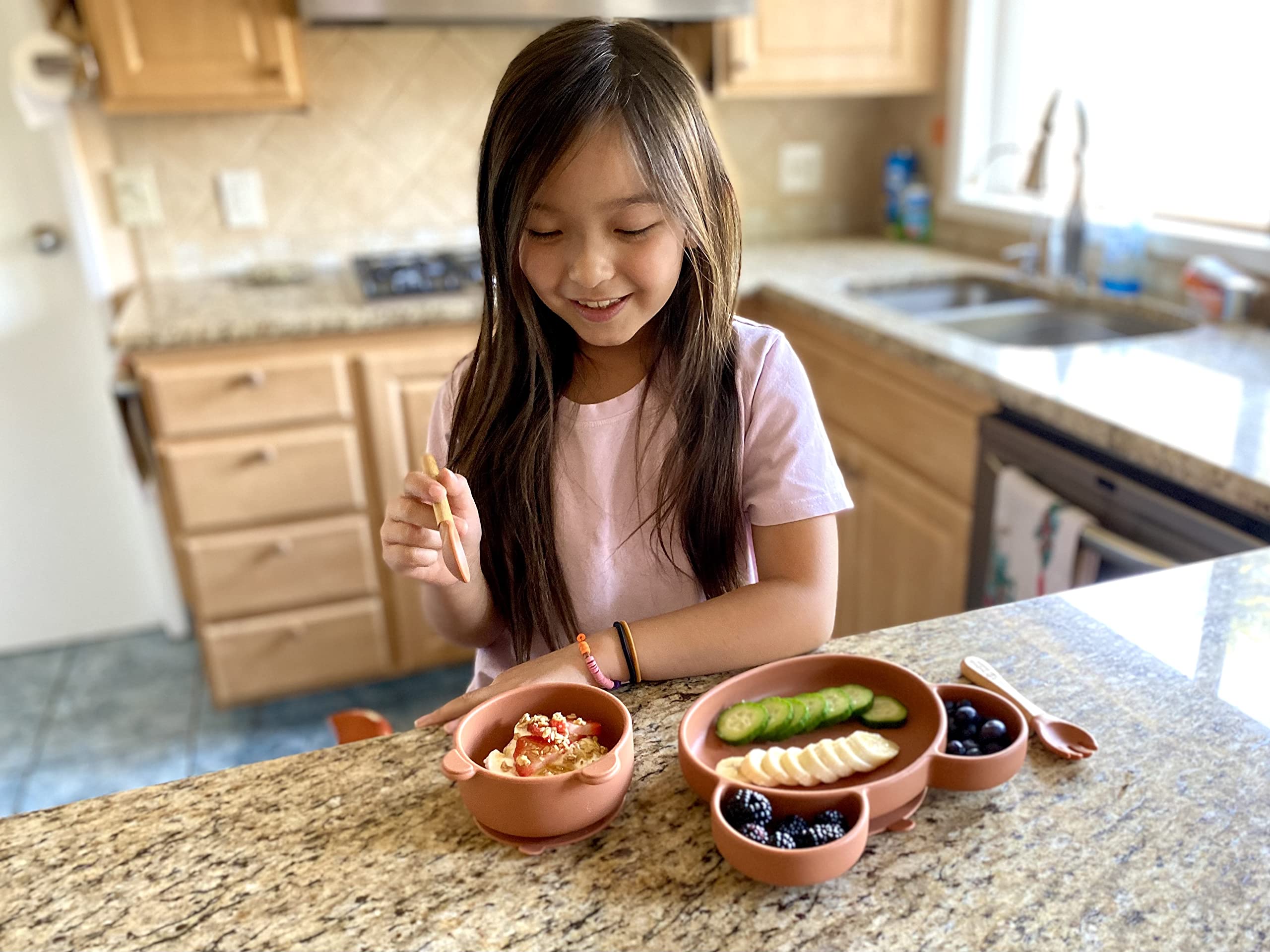 Red Panda Bamboo Silicone Suction Plate and Bowl Set with Spoon and Fork BPA Free Divider Kids Plate Bear Plate Bear Bowl Animal plate Microwave Safe Dishwasher Safe