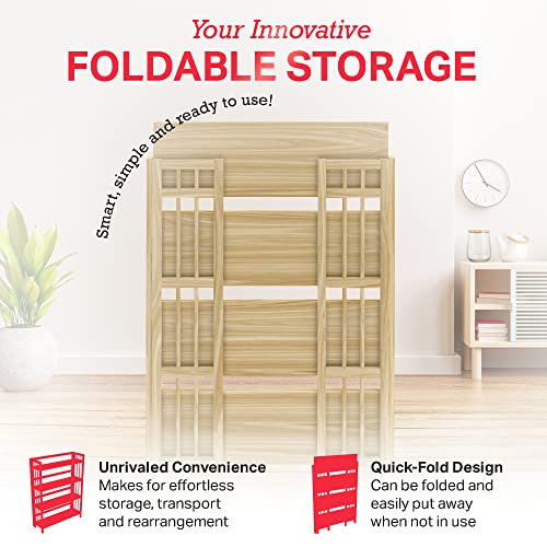 STONY EDGE 4-Tier Folding Bookshelf | Natural Wood Finish | 45x32x11.5 Inches | Book Shelf for Books and Trinkets | No Assembly Required | Foldable & Small Bookshelf for Home and Office