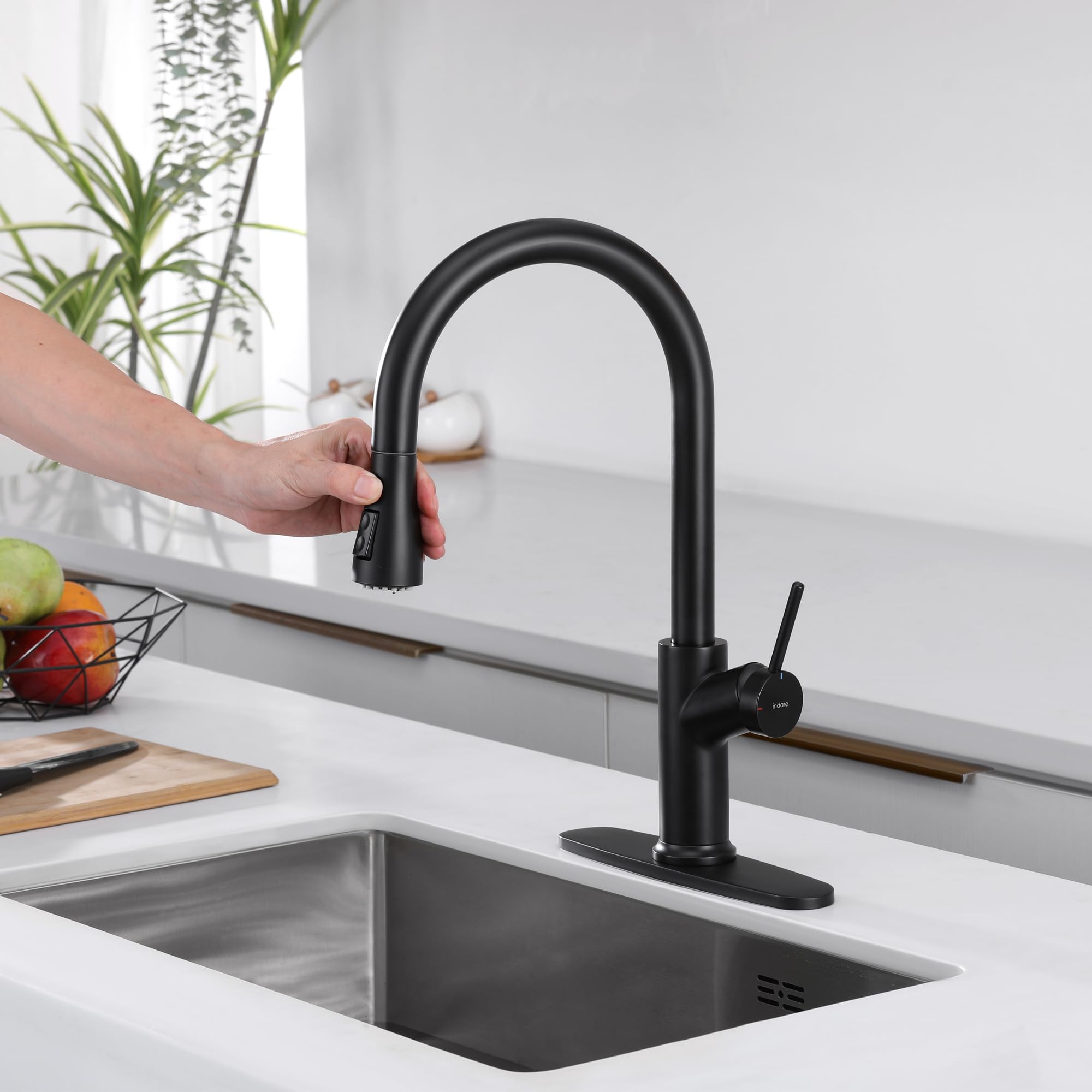 Indare Kitchen Faucets, Kitchen Faucet with Pull-Down Sprayer, Matte Black Kitchen Faucet with Deck Plate, Kitchen Faucet with Sprayer