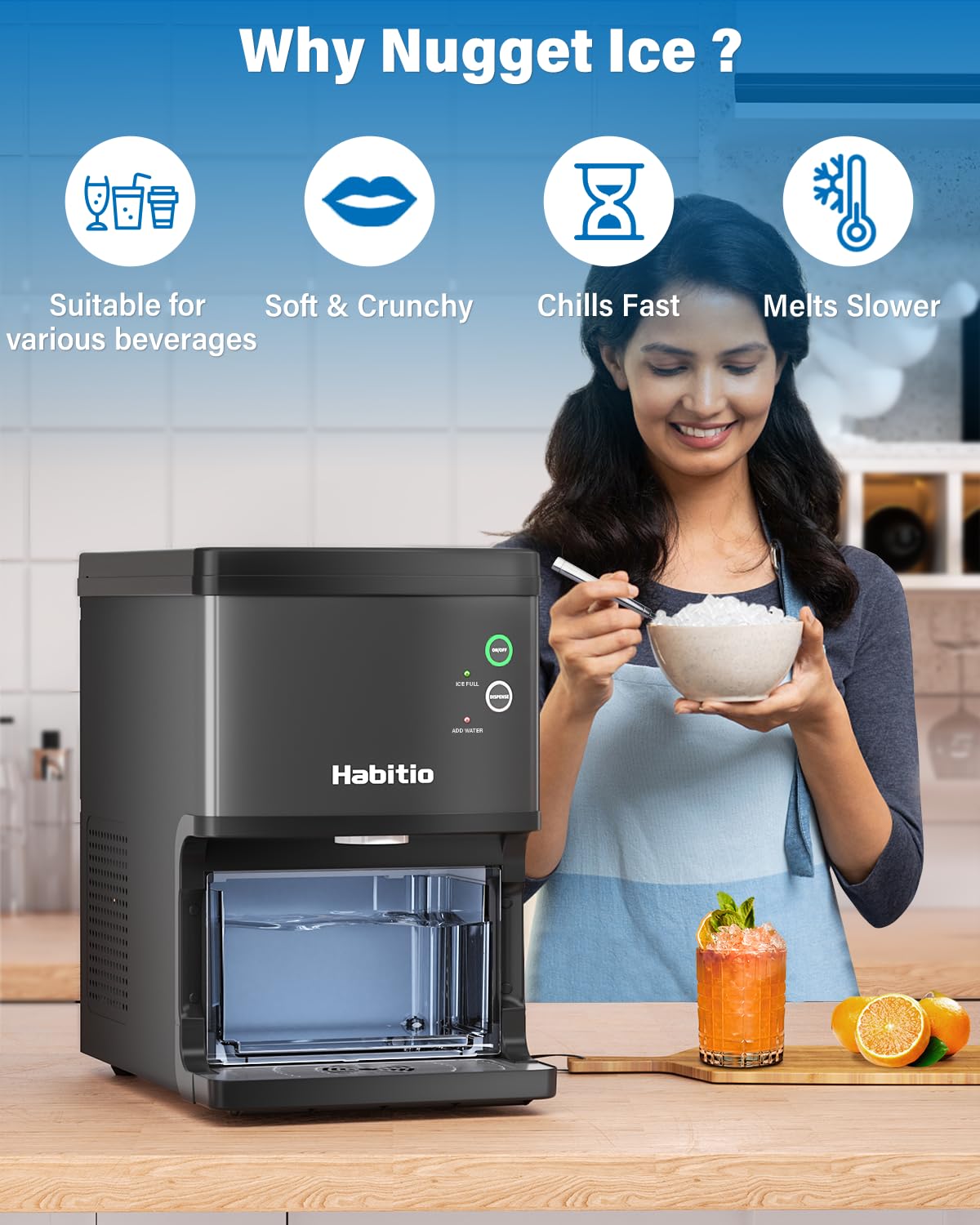 Habitio Nugget Ice Maker, Self-Dispensing Countertop Ice Maker, Pebble Ice Machine with 3L Detachable Water Tank, 33lbs Chewable Ice Cubes /24H, Electric Pellet Ice Maker with Self-Cleaning Function