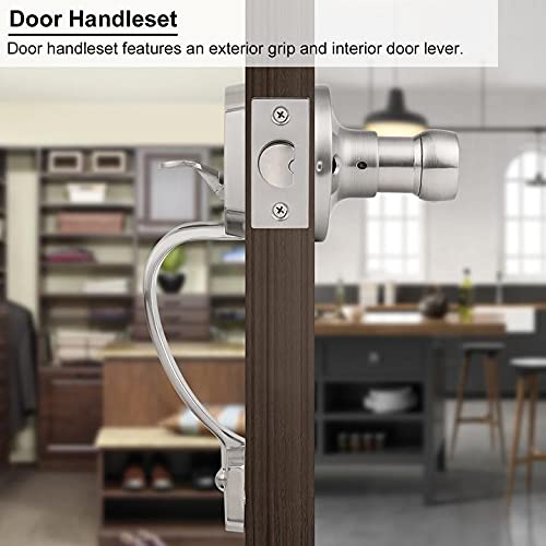 Knobonly Single Cylinder Handleset with Lever Handle for Interior Doors, Contemporary Hardware Single Cylinder Deadbolt Handle Set Satin Nickel, Reversible for Right/Left Handed Door