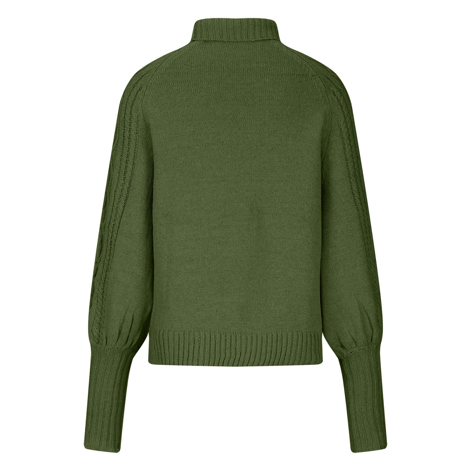 Casual Knitted Sweater Tops for Women Cable Knit Lantern Sleeve High Neck Sweaters Fall Winter Warm Pullover Jumpers Army Green