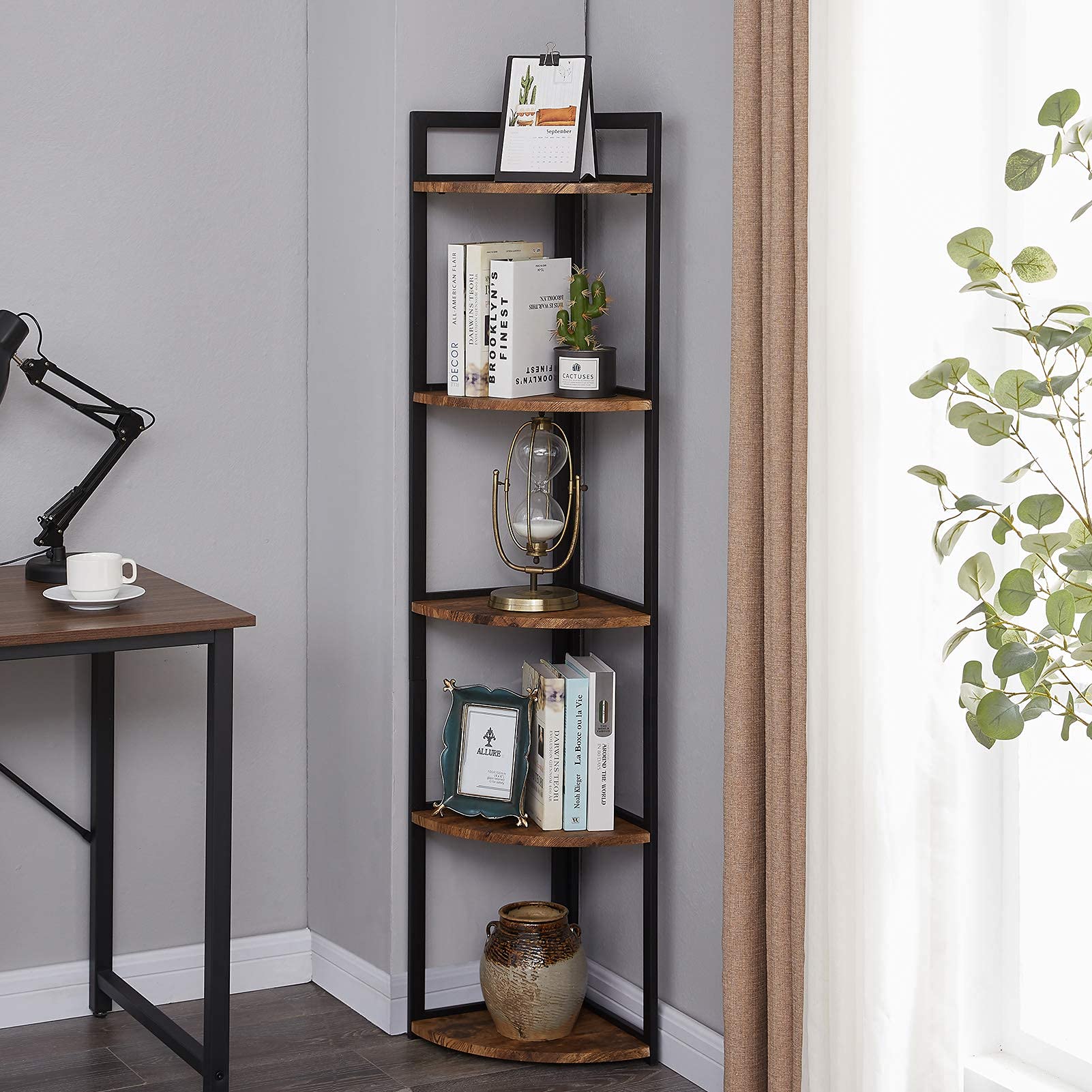 SUPERJARE Corner Shelf, Industrial 5-Tier Wall Corner Bookshelf with Metal Frame, Corner Shelf Stand Display Plant Flower, Corner Bookcase for Home, Office, Kitchen - Rustic Brown