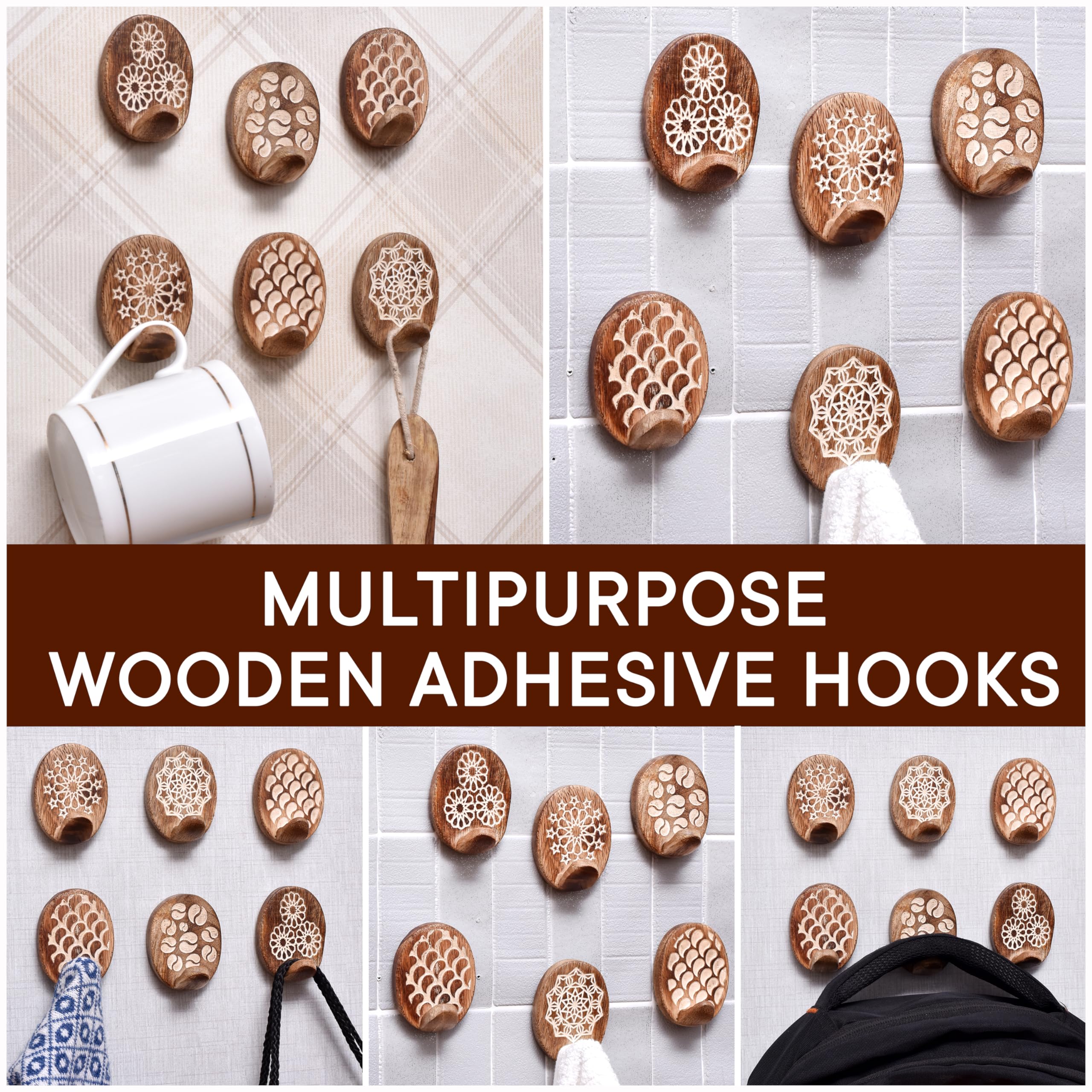 Indian Shelf 6 Pack Wood Wall Hooks- Adhesive Wall Hooks -Decorative Wall Hooks for Hanging- Boho Wall Hooks -Sticky Coat Hooks Wall Mount- Wooden Towel Hooks for Bathroom Wall Mounted- Style 1