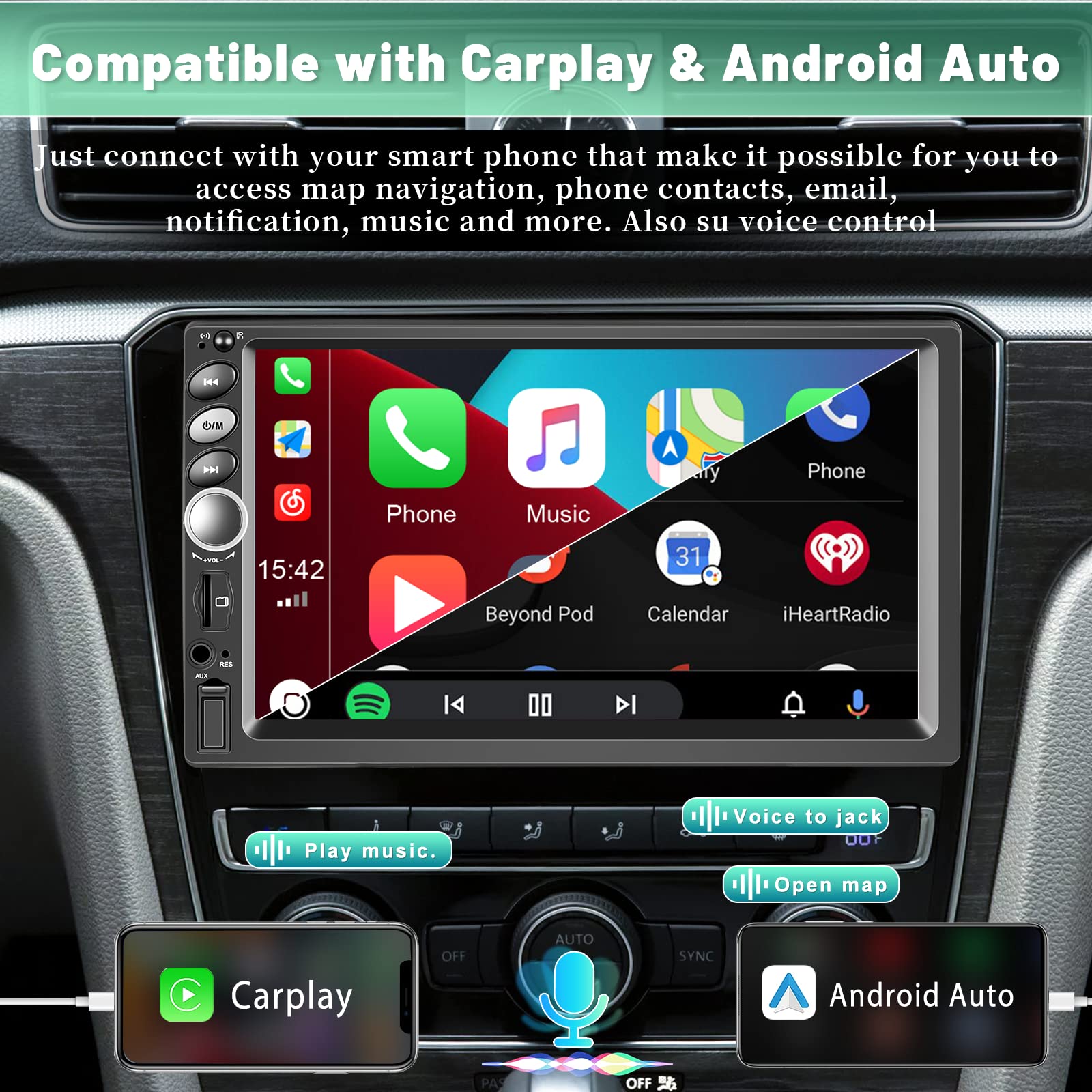 Double Din Car Stereo Compatible with Apple CarPlay and Android Auto, 7 Inch HD Touch Screen Car Radio with Mirror Link Voice Control SWC,Car Audio Receivers with Bluetooth FM Radio+Backup Camera