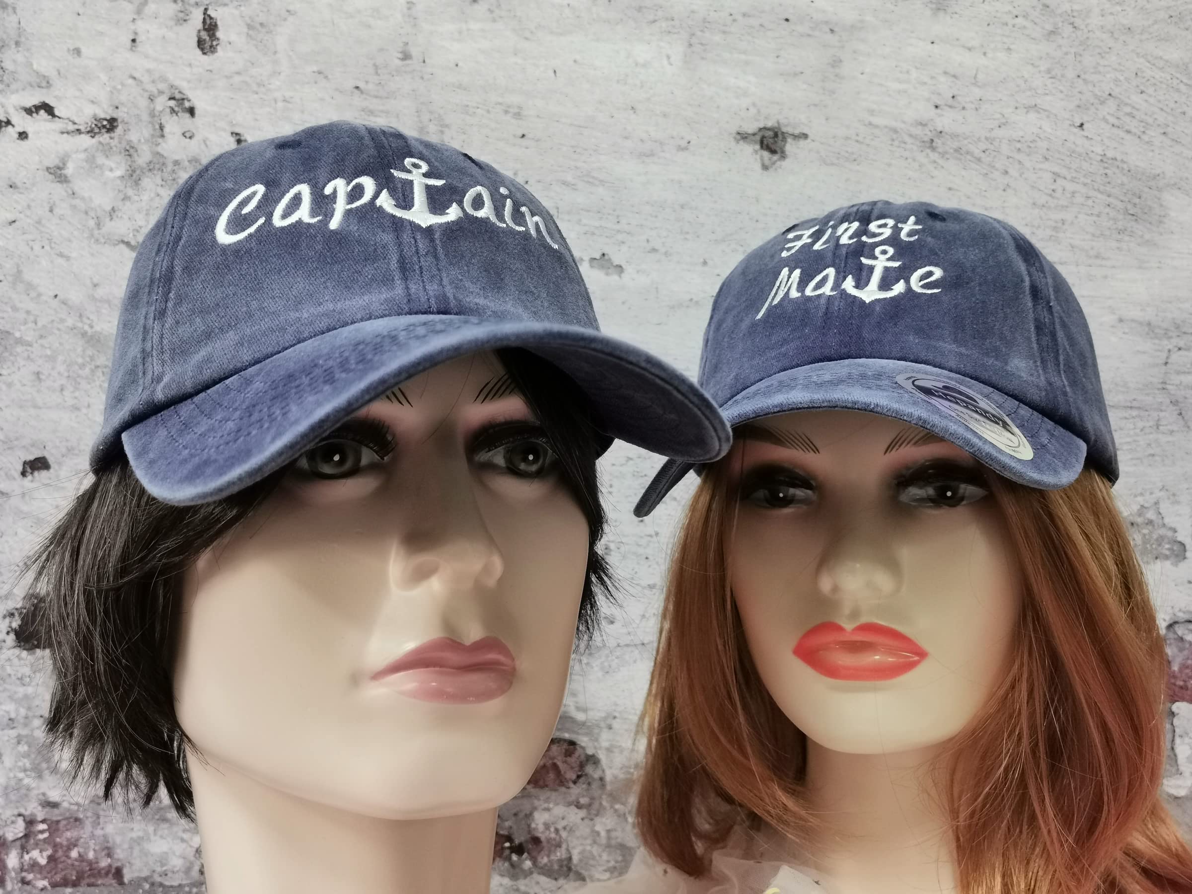 Captain & First Mate Anchor Hats for Couples, Navy Blue Embroidered Matching Boating Baseball Caps, Sailing Gift