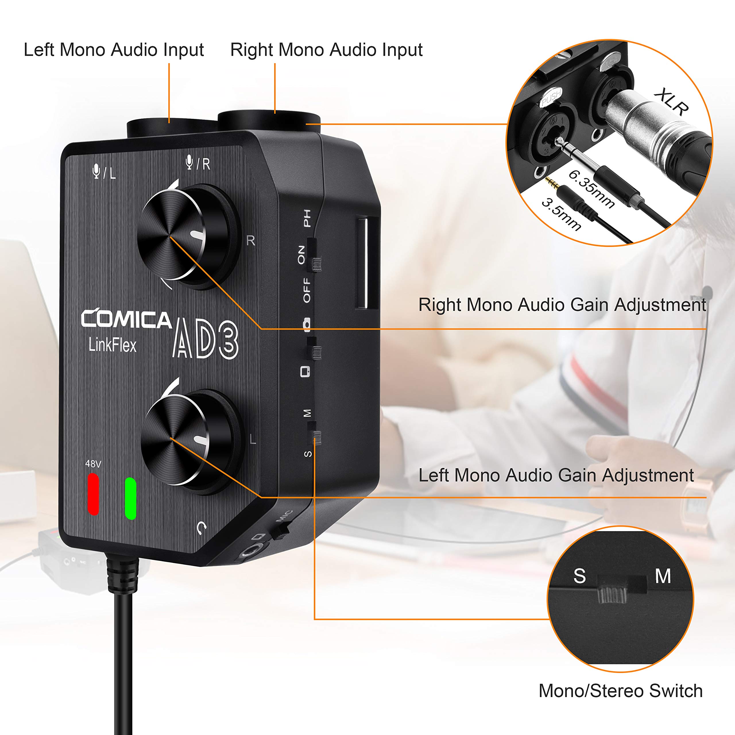 Comica LINKFLEX.AD3 2-Channel XLR/3.5mm/6.35mm Microphone Audio Mixer Preamp with Phantom Power, Guitar Audio Interface Microphone for DSLR Cameras Camcorders iPhone iPad Mac and Android Smartphones