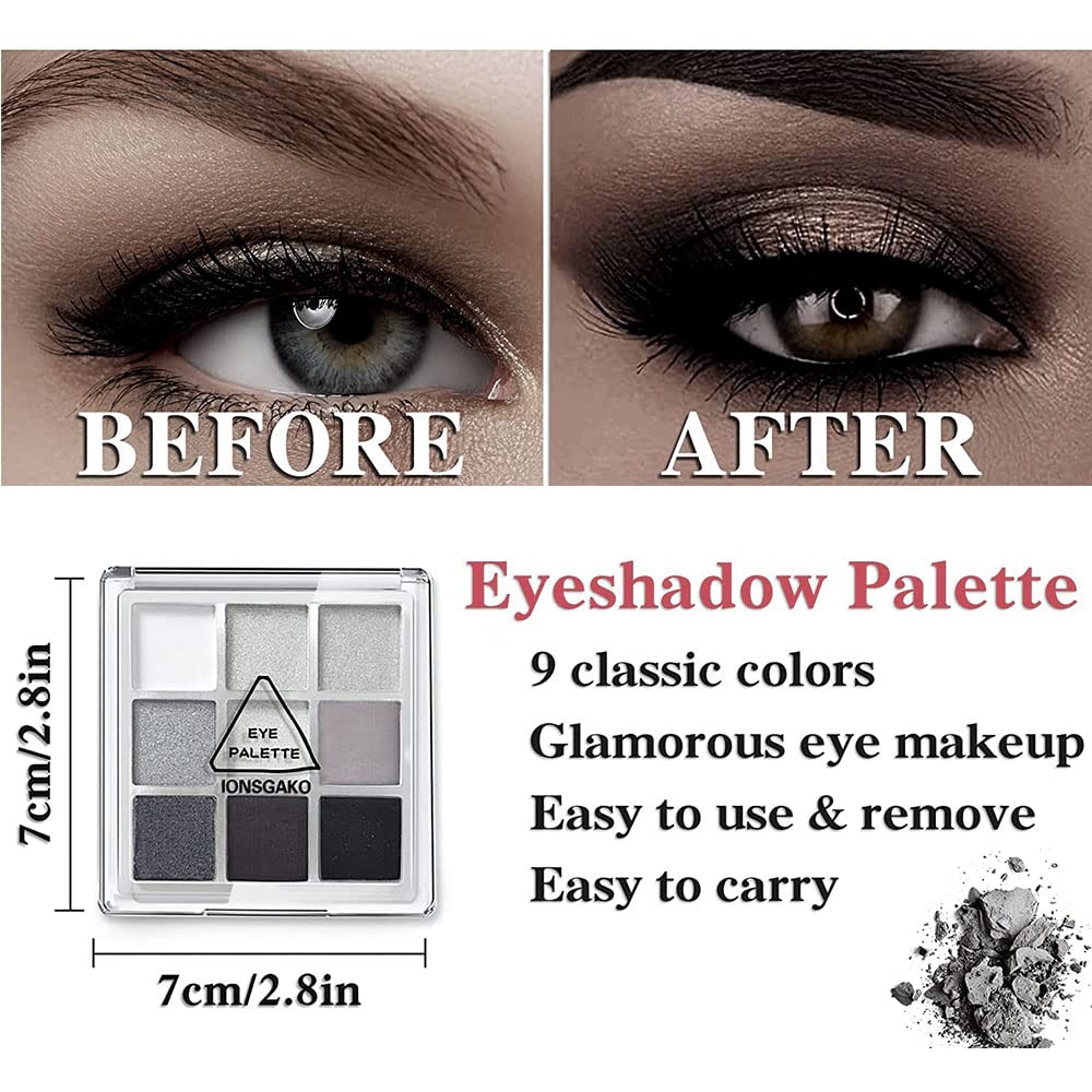 Miniling 9 Colors Smokey Grey Eyeshadow Palette,Highly Pigmented Mattes Shimmers Naked Powder Eyeshadow Palette,Long Lasting Waterproof Eye Shadow Makeup Palette with Eyeshadow Brush (Smoky Set)