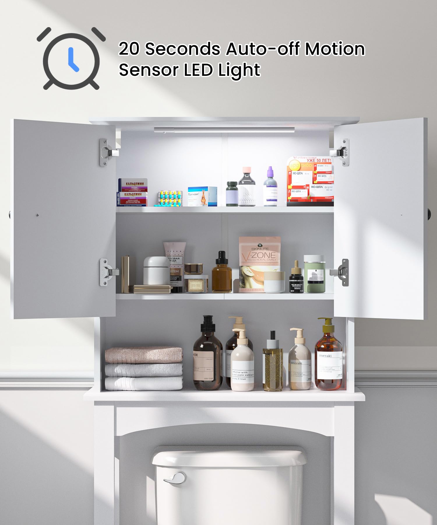 HAIOOU Over The Toilet Storage Cabinet with Motion Sensor LED Light, Double Door Bathroom Essentials Storage Organizer Space-Saving Toilet Rack with Buffering Hinges, Adjustable Shelf - Expresso
