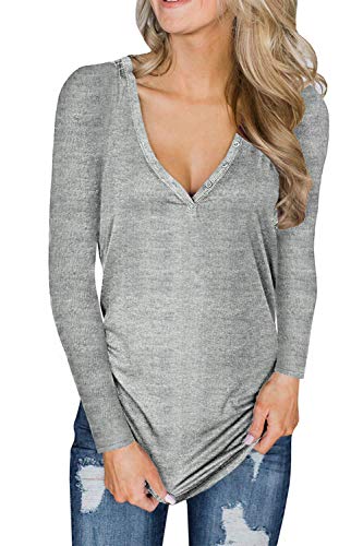 L'ASHER Women's Henley Shirts V Neck Long Sleeve Tunic Top Button Up Blouse Shirt Casual Loose Top Tees Large Gray