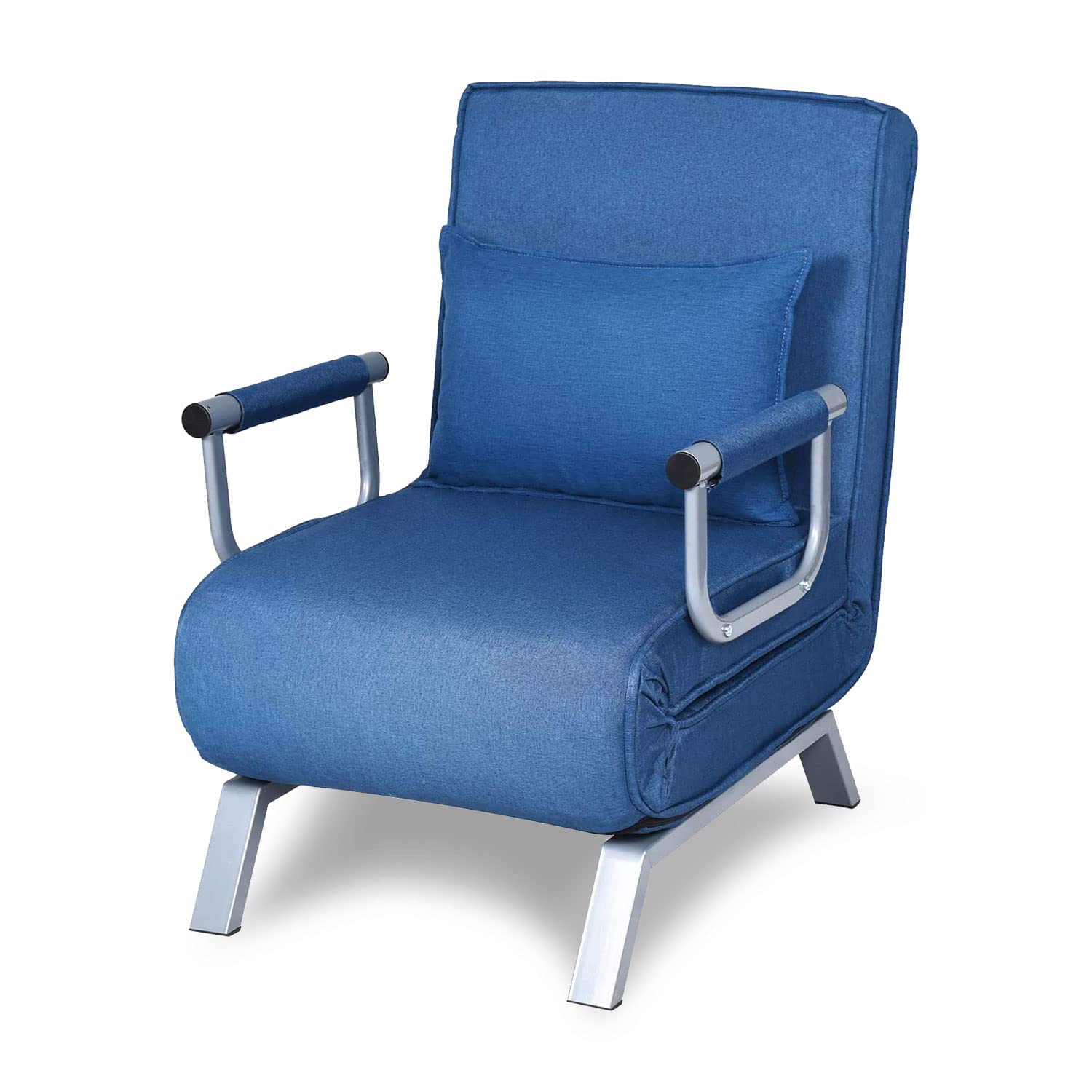 Convertible Sofa Bed Sleeper Chair, Modern Chaise Lounge 5 Position Adjustable Backrest, Folding Arm Chair Sleeper with Pillow, Upholstered Seat, Couch for Bedroom Home Office, Blue