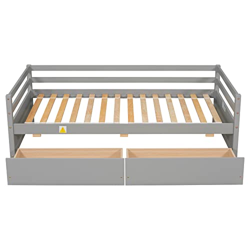HYC Twin Daybed Frame with 2 Storage Drawers on Casters,Space Saving Furniture Wooden Day Bed Sofa Bed with Slats for Strong Support for Living Room Bedroom Gray,79.5" L x 41.8" W x 26.0" H
