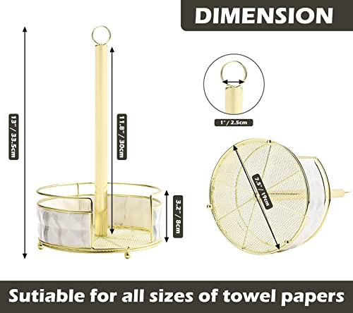 Koluti Paper Towel Holder Countertop, Farmhouse Kitchen Paper Roll Stand, Rustic Gold Metal Paper Towel Rack Organizer Storage for Dining Table, with Courtyard Fence, Marble Print Silicone Finish