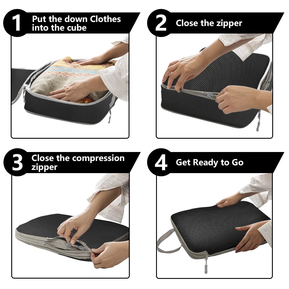 Compression Packing Cubes for Travel, 4 Pack Expandable Storage Bag Luggage Packing Organizers Compression Cubes for Suitcases Backpack (4 Set) (black)