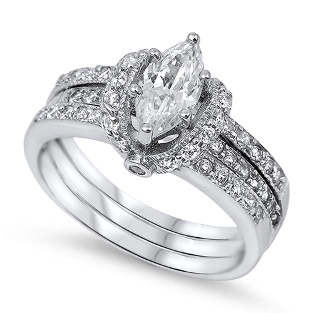CloseoutWarehouse Marquise Center Cubic Zirconia Set of 3 Engagement/Wedding Ring Sterling Silver Size 6