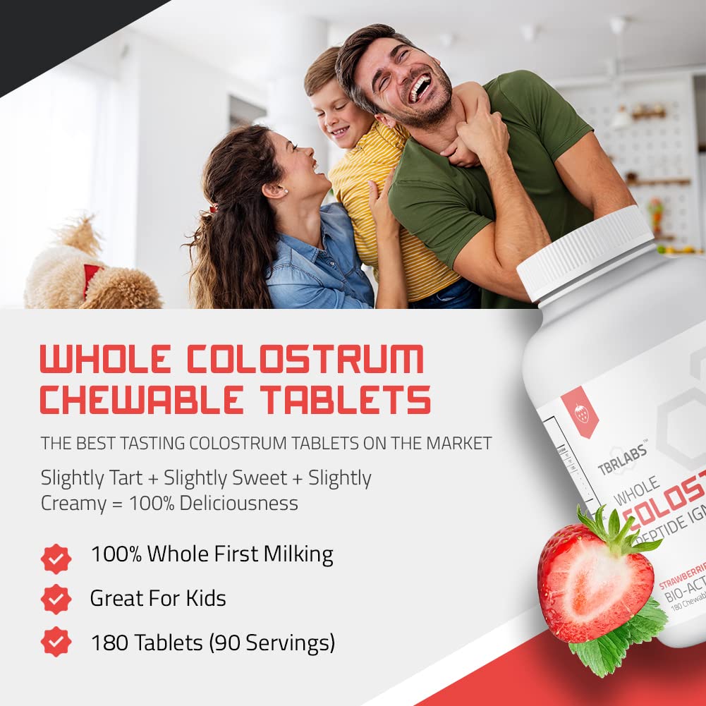 Bovine Colostrum Chewable Tablets - TBR Labs - with Immunoglobulins and Lactoferrin - for Immune & Gut Health, USA Sourced, 100% First Milking - Strawberries & Cream - 180 Tablets (90 Servings)