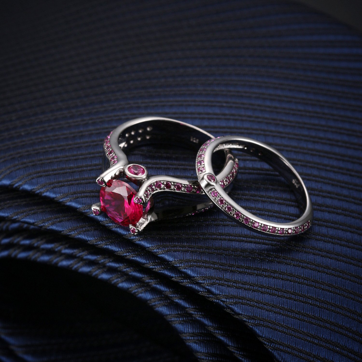 Castillna Black Rhodium Plated 925 Sterling Silver Created Pink Sapphire Engagement Wedding Ring Set