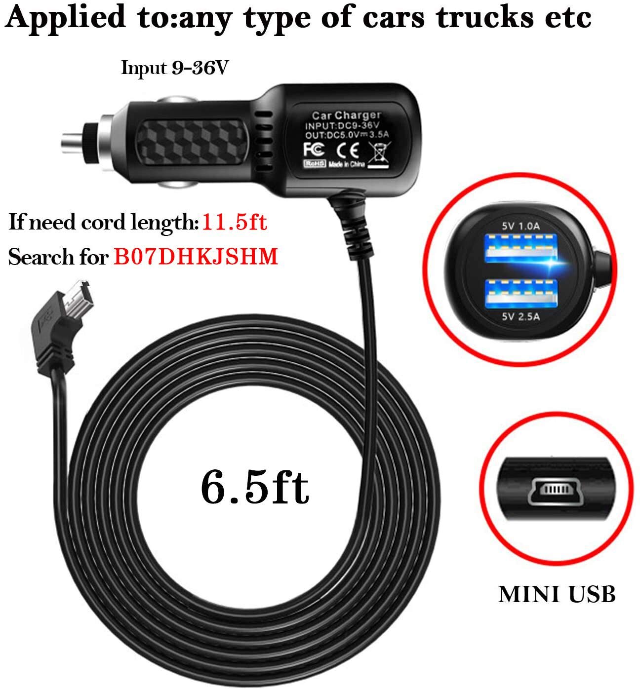Car Charger for Garmin Nuvi, Garmin GPS Charger Cable,Mini USB Power Cord Cable Dual Port USB Vehicle Power Charging Cable Cord for Garmin Nuvi C255 Dashcam