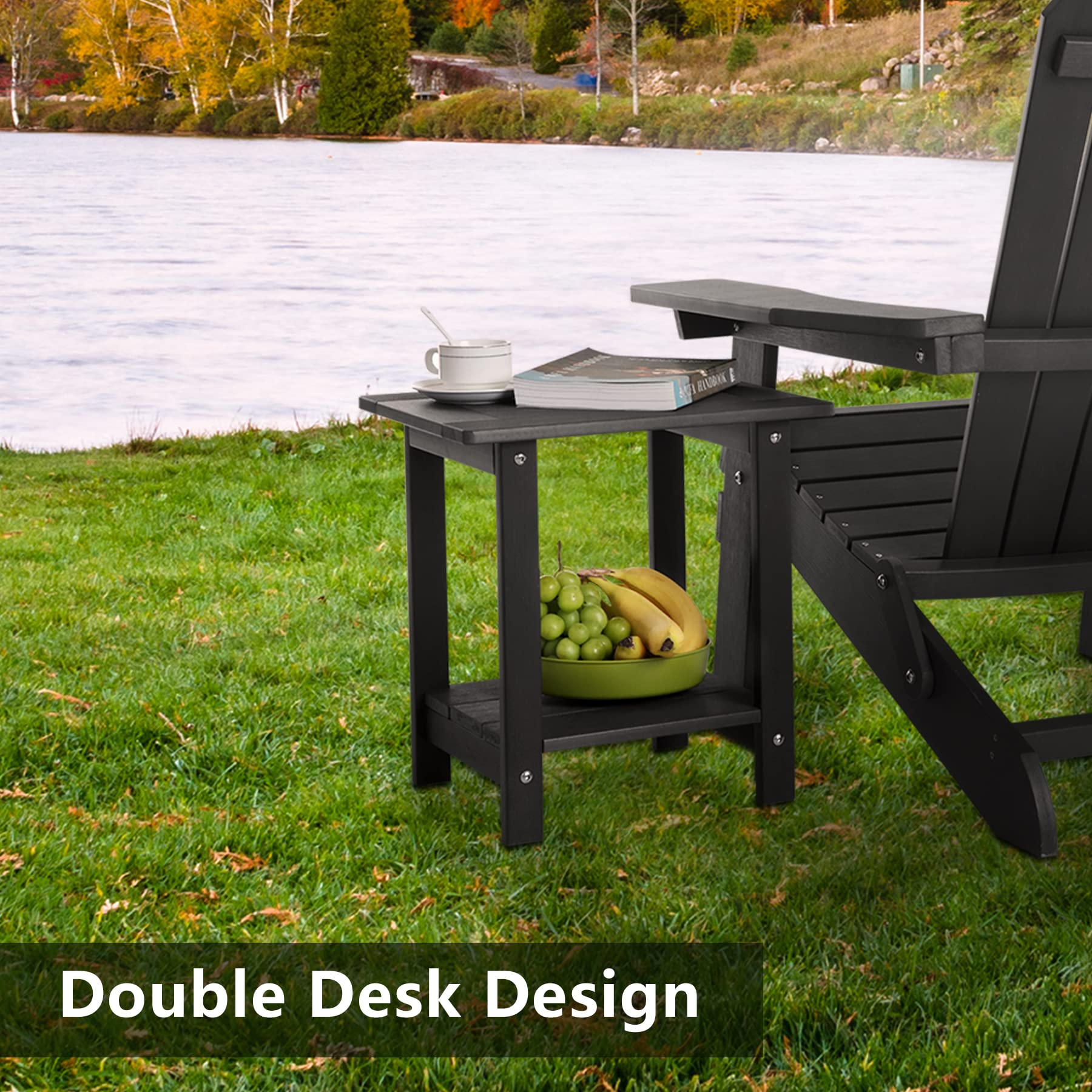 Meluvici Double Adirondack Side Table Weather Resistant, Outdoor Rectangular End Table for Adirondack Chair, Black with Wood Grain