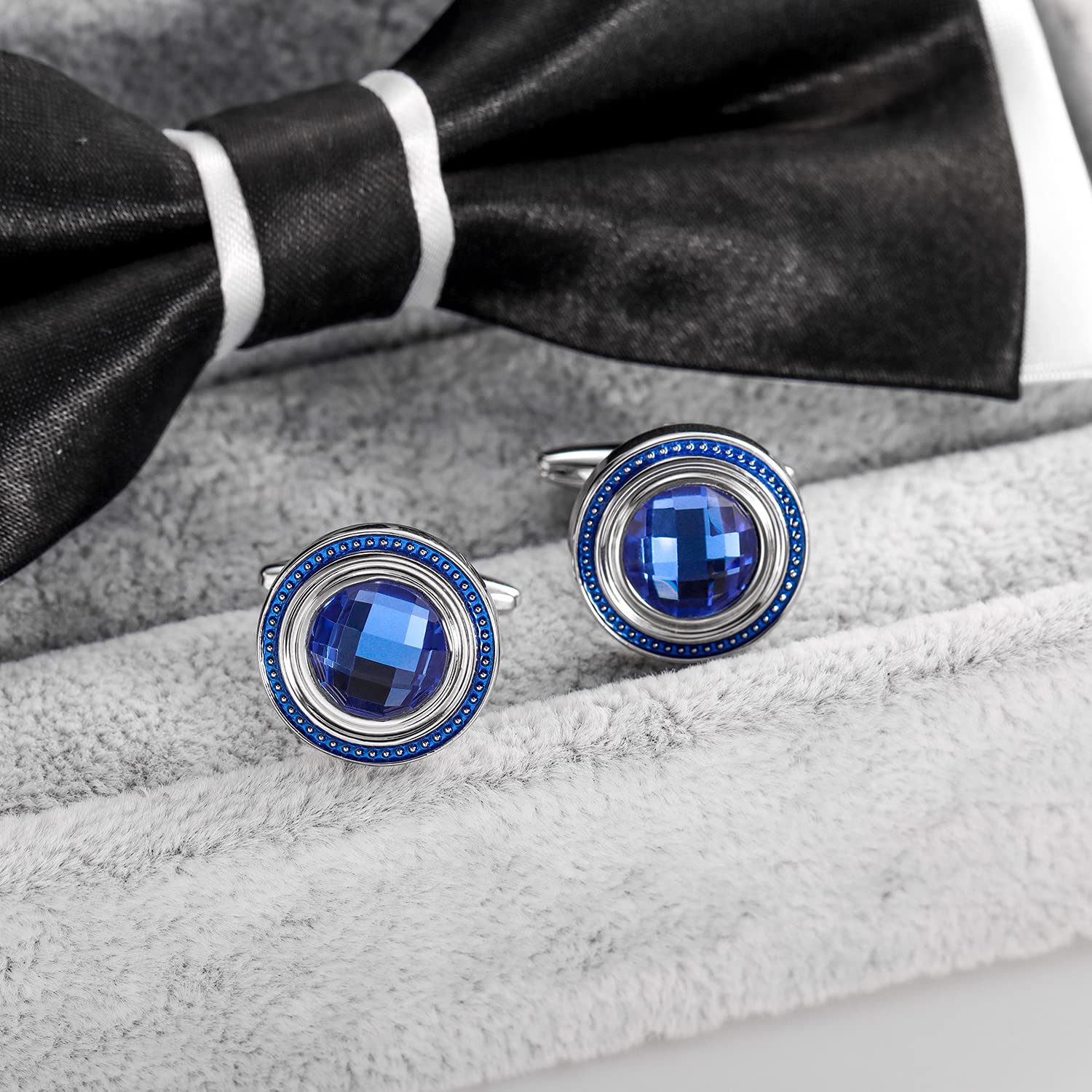 Crystal Cufflinks and Studs Sets for Men's Tuxedo Shirts with Gift Box - One Pair Cufflinks with 6 pcs Studs - Blue