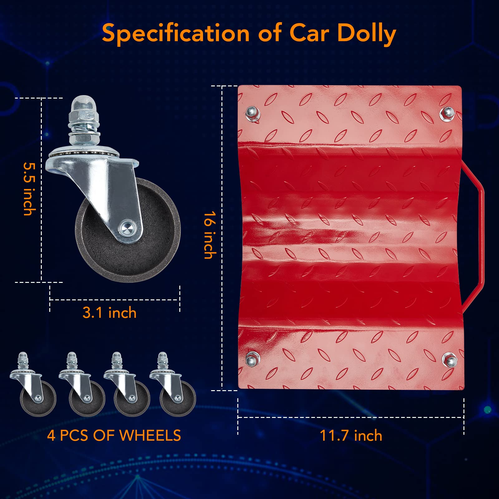 Car Dolly 4 Pack, Towallmark Wheel Car Dolly Tire Skates Premium Skates Moving Car Easy, Total 6000lbs High Load Bearing, Antiskid Plate Design, All-Direction Rotatable Wheel, 12’’x16’’, Red