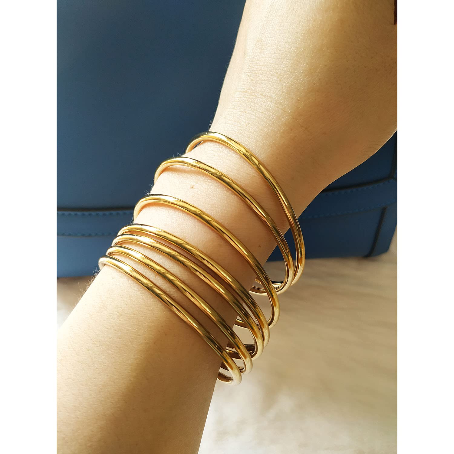 Castillna Stainless Steel Thin Round 14K Plated Gold Bangle Bracelets for Women, Plus Size, 9 inches