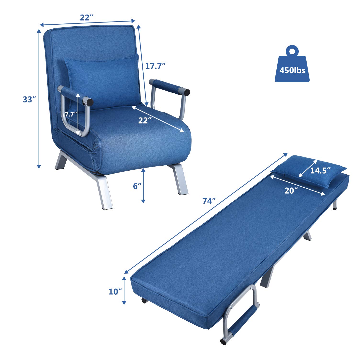 Convertible Sofa Bed Sleeper Chair, Modern Chaise Lounge 5 Position Adjustable Backrest, Folding Arm Chair Sleeper with Pillow, Upholstered Seat, Couch for Bedroom Home Office, Blue